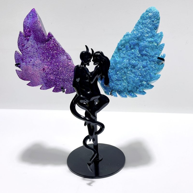 Aura Quartz Cluster Demon And Angel Wing Carving With Stand